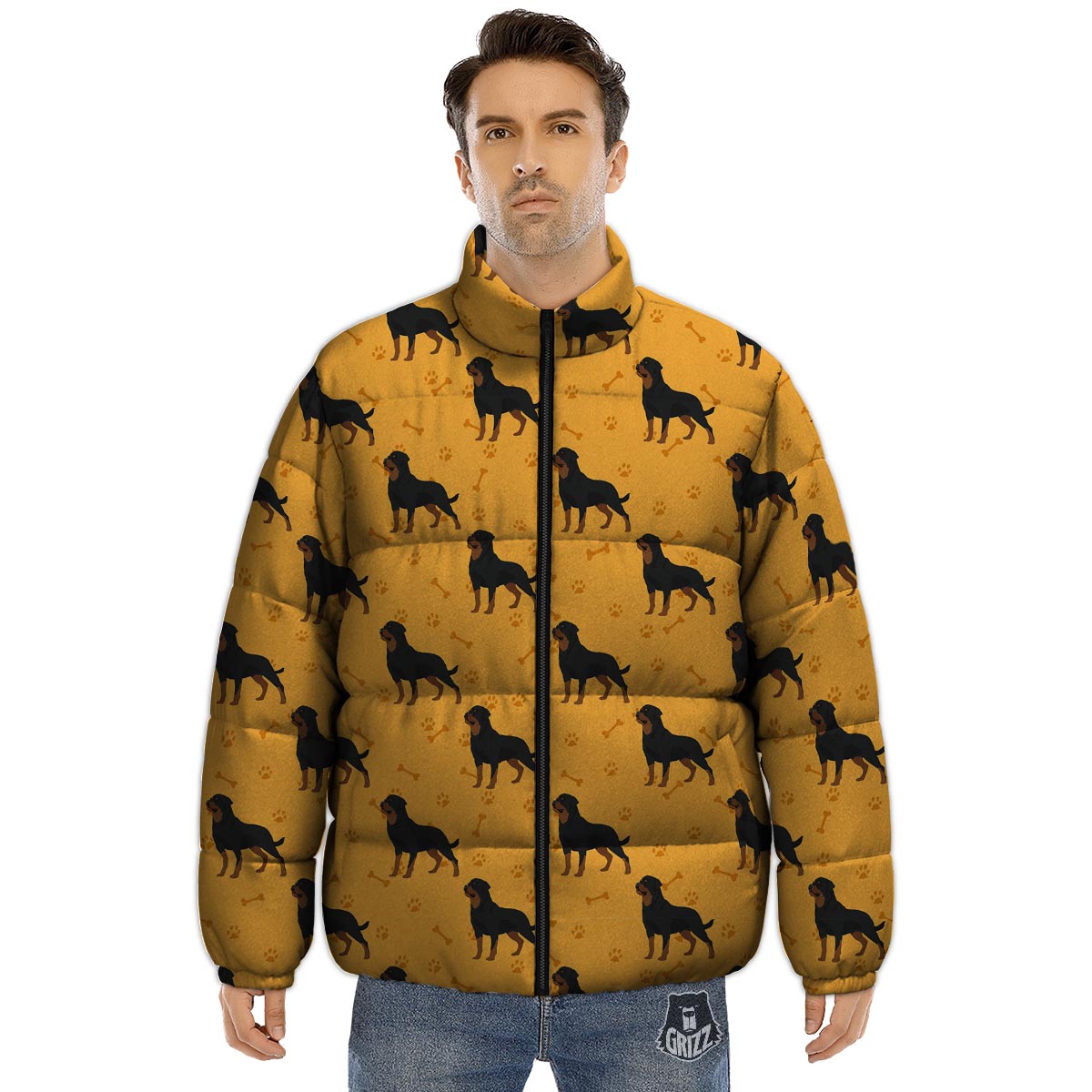 Dog Rottweiler Print Pattern Puffer Jacket