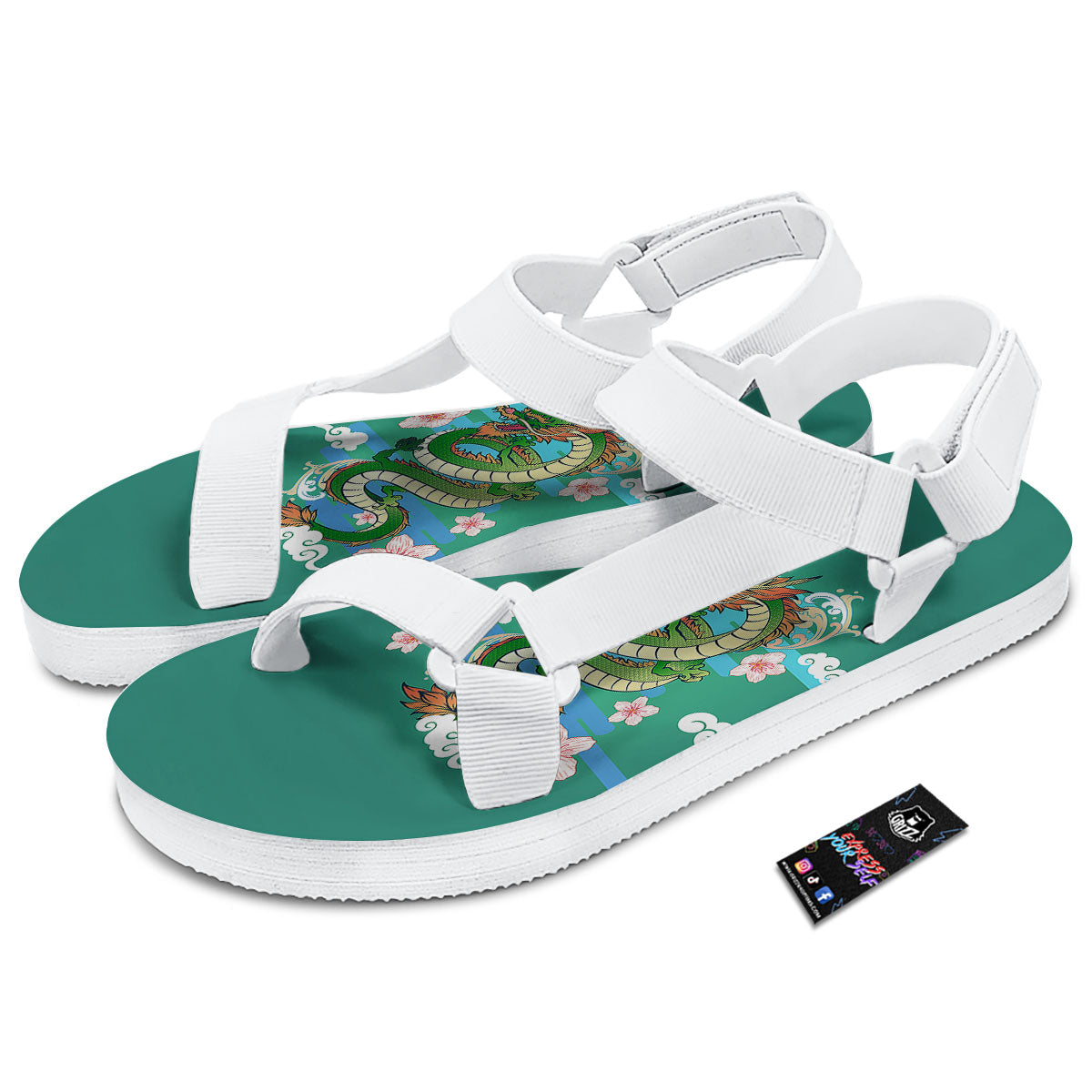 Dragon Tattoo Green Japanese Print White Open Toe Sandals