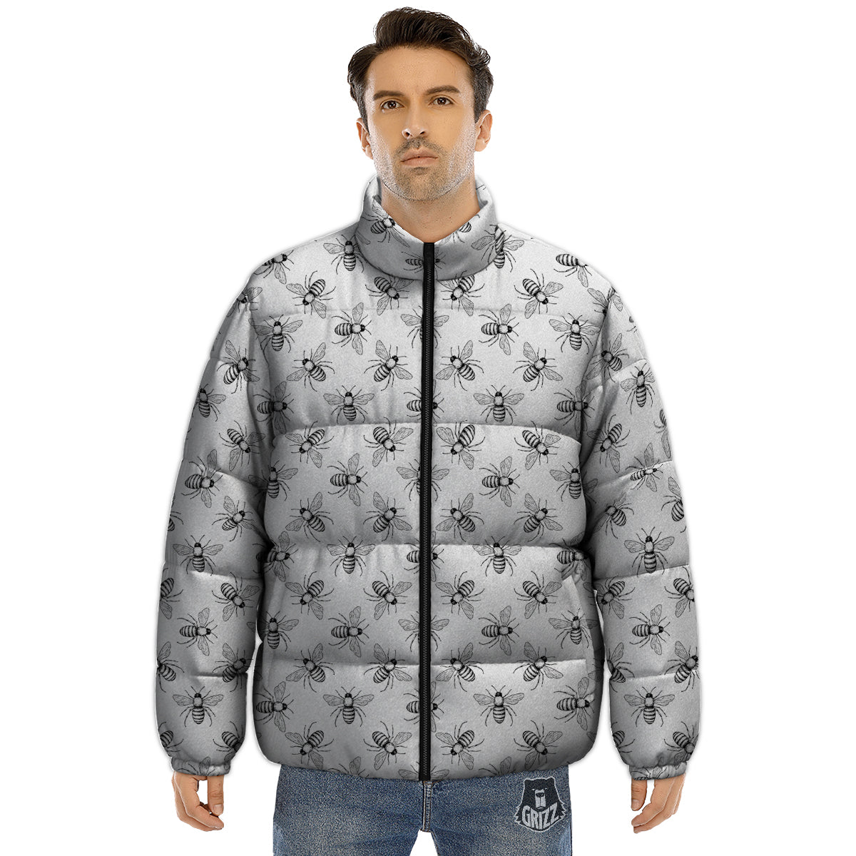 Drawing Bee Print Pattern Puffer Jacket