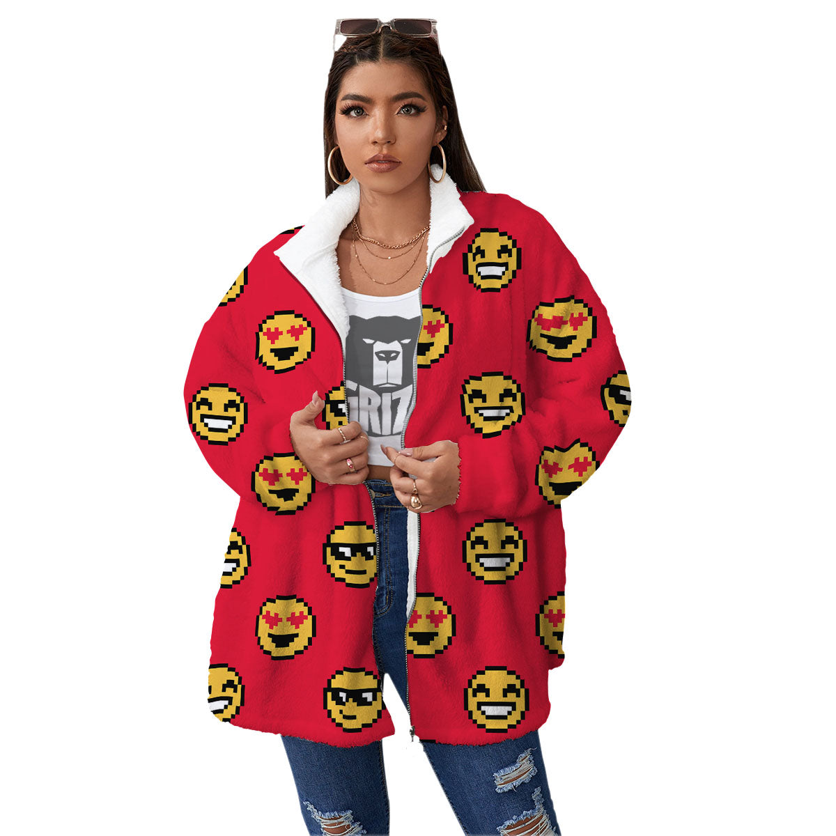 Emoji Pixel Print Pattern Women's Sherpa Jacket