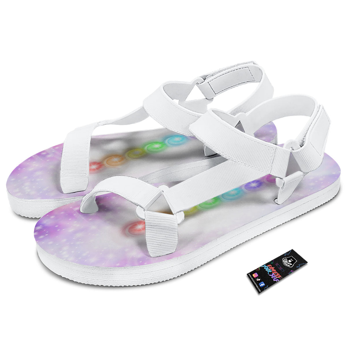 Energy Seven Chakras Print White Open Toe Sandals