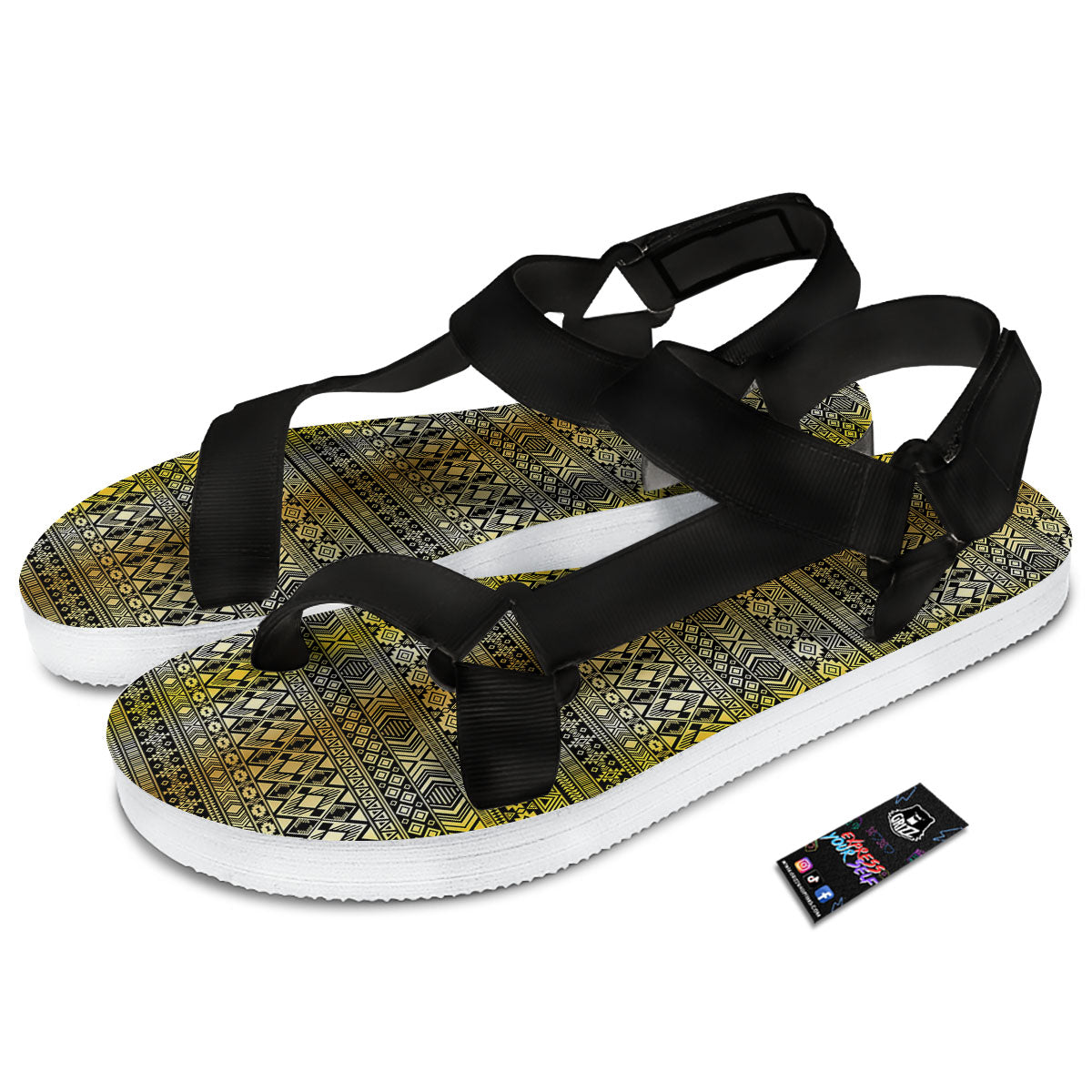 Ethnic Tribal Gold African Print Pattern Black Open Toe Sandals