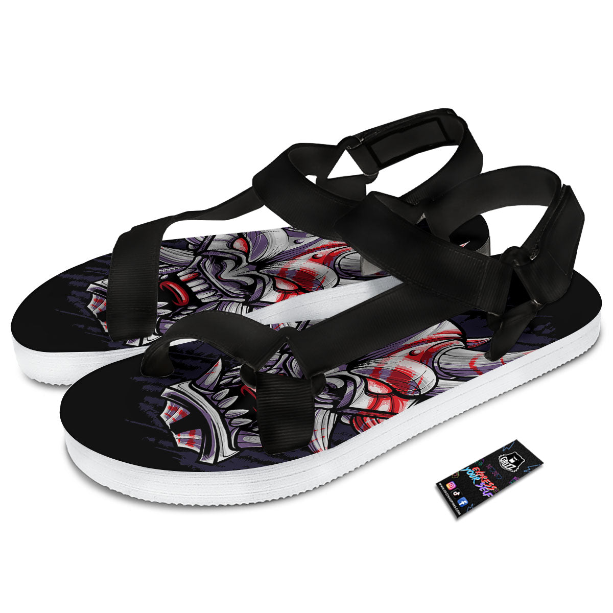 Evil Samurai Mask Print Black Open Toe Sandals