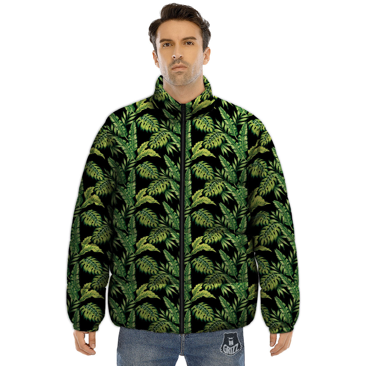 Exotic Leaves Tropical Print Pattern Puffer Jacket