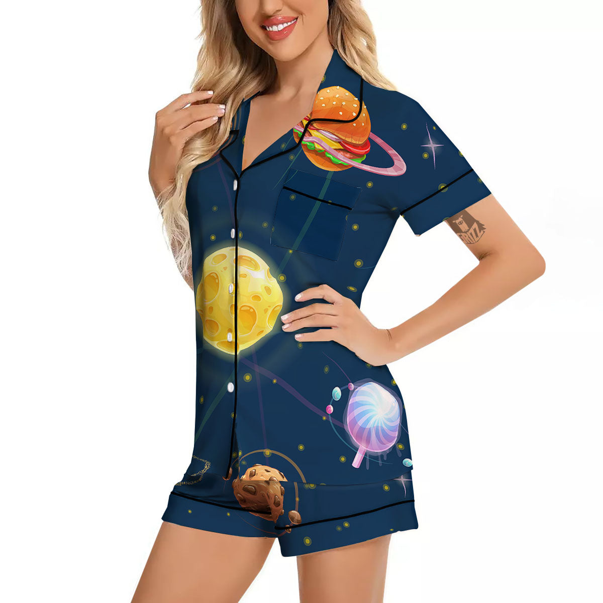 Fast Food Planets Set Print Women Silk Pajamas