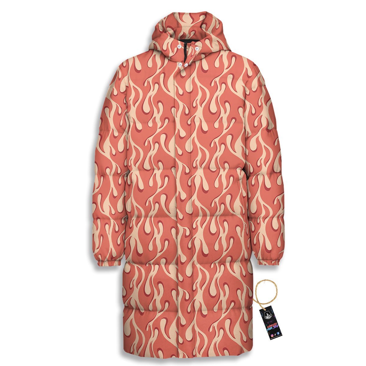 Fire Flames Vintagecolor Print Long Down Jacket