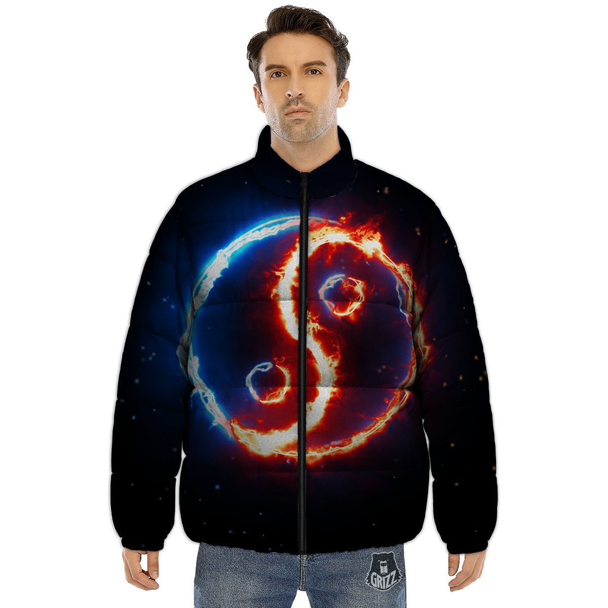 Fire Yin Yang Blue And Red Print Puffer Jacket