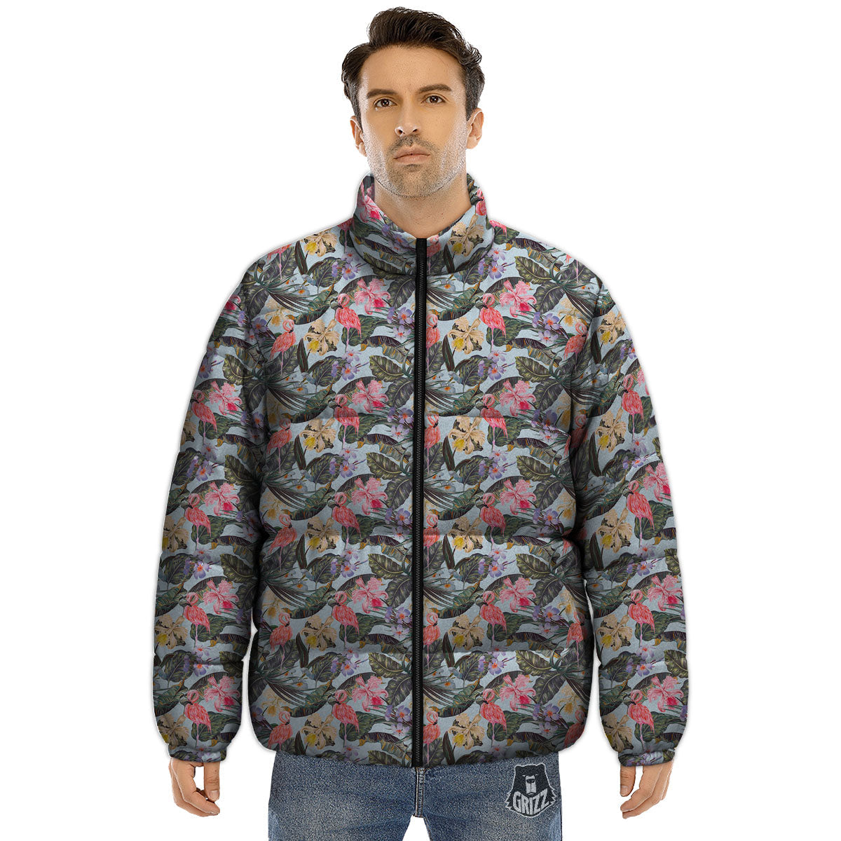 Floral Hawaiian And Flamingo Print Puffer Jacket