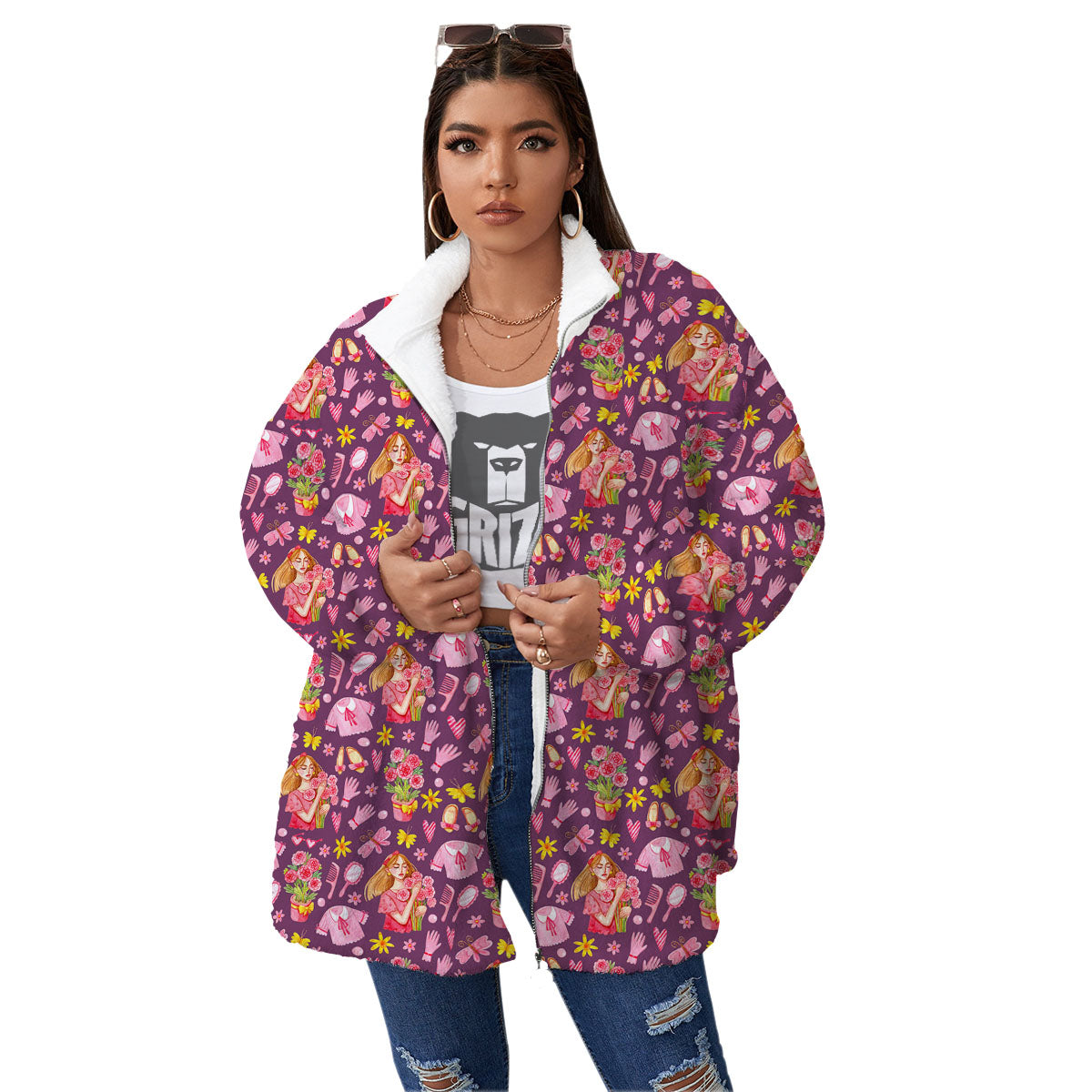 Flower And Girly Print Pattern Women's Sherpa Jacket