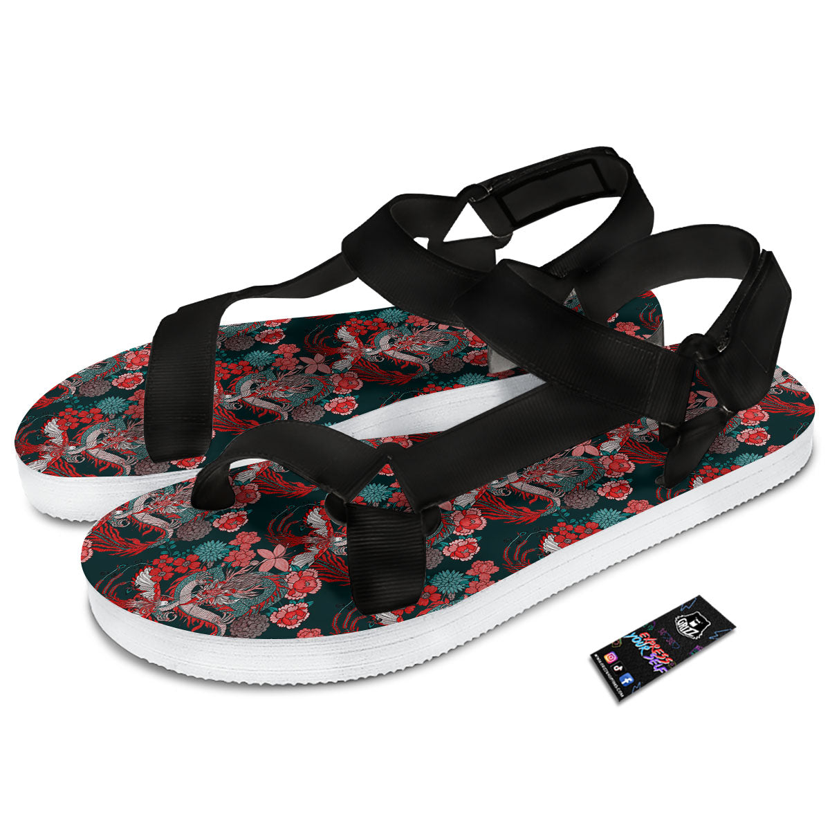 Flower Chinese Dragon Print Pattern Black Open Toe Sandals