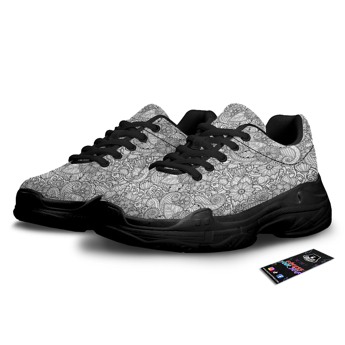 Flower Zentangle Print Pattern Black Chunky Shoes