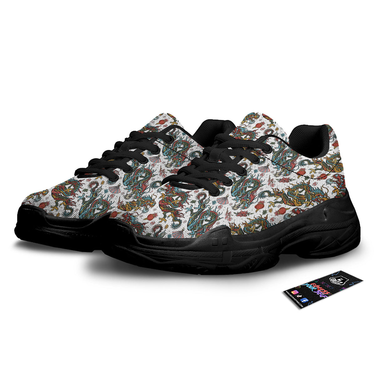 Flying Chinese Dragons Tattoo Print Pattern Black Chunky Shoes