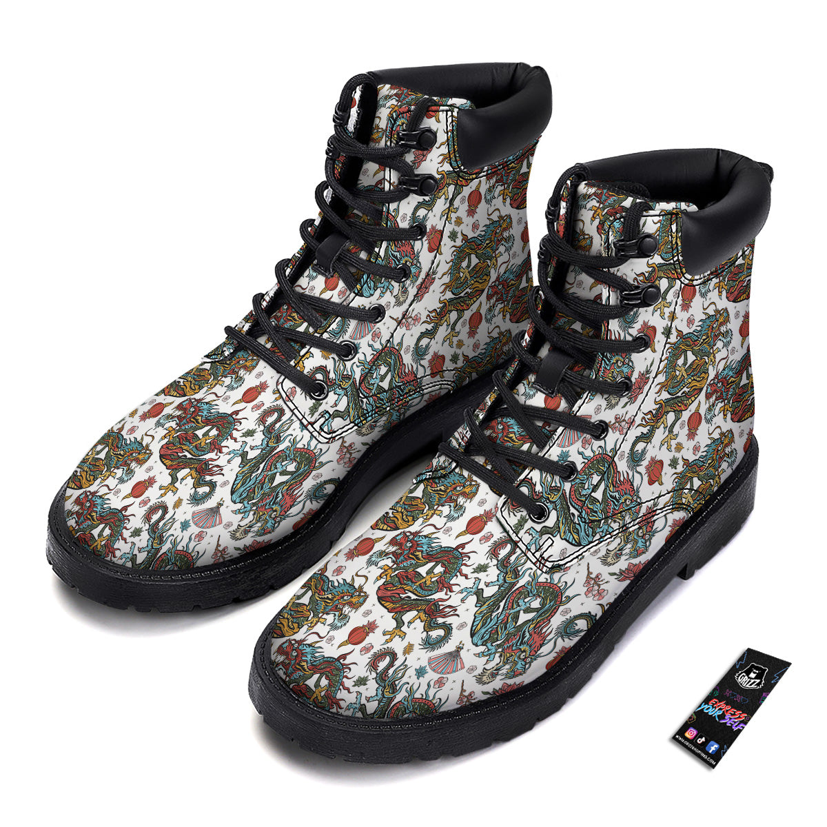 Flying Chinese Dragons Tattoo Print Pattern Boots