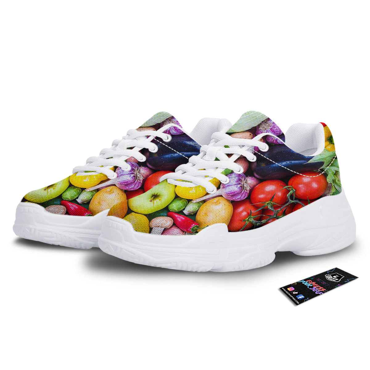 Fresh Green Fruit And Vegetables Print White Chunky Shoes