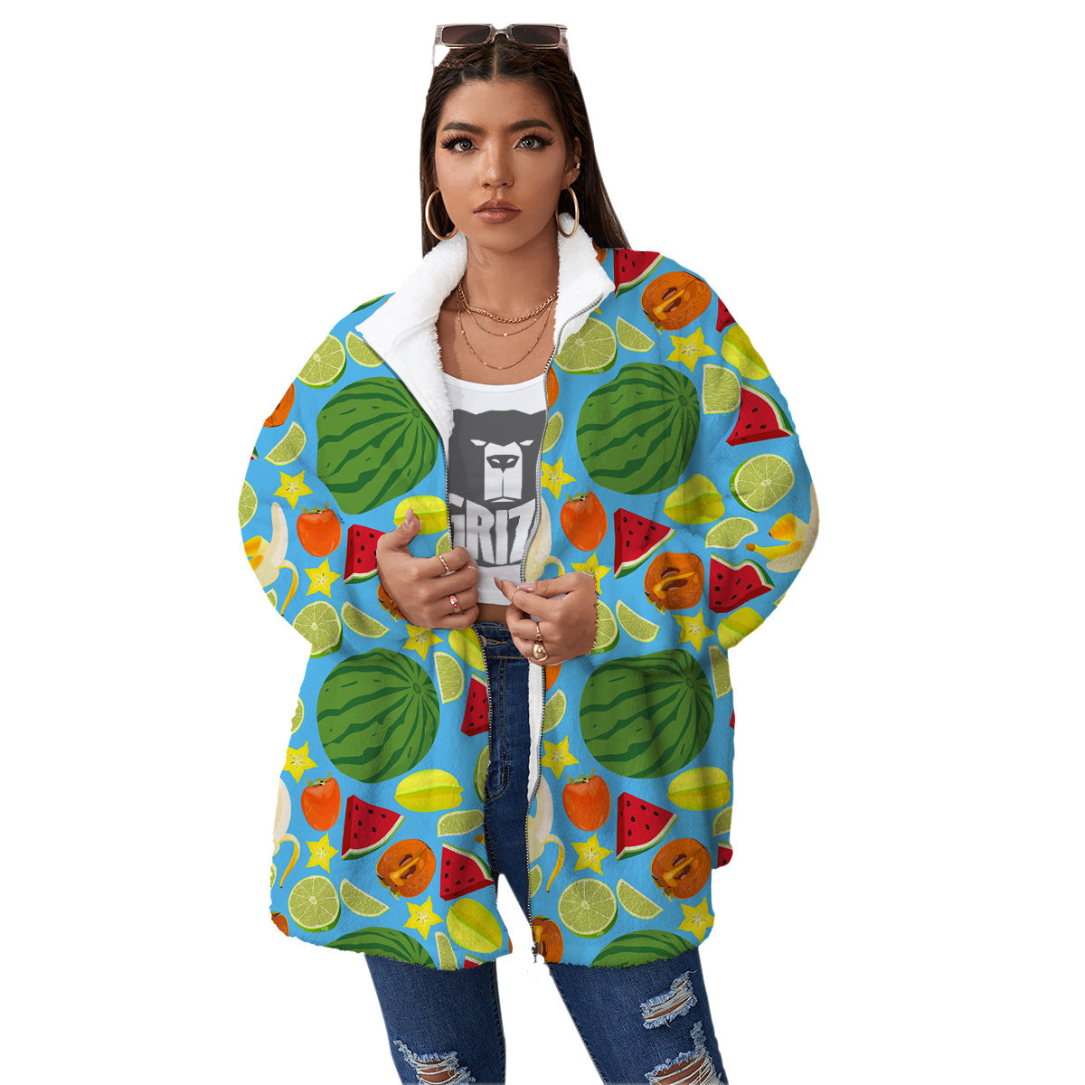 Fruits Depicting Print Pattern Women's Sherpa Jacket