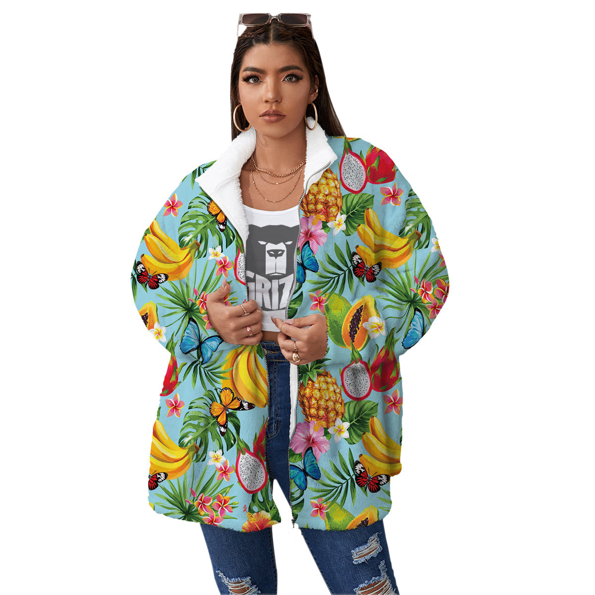 Fruits Jungle Tropical Print Pattern Women's Sherpa Jacket