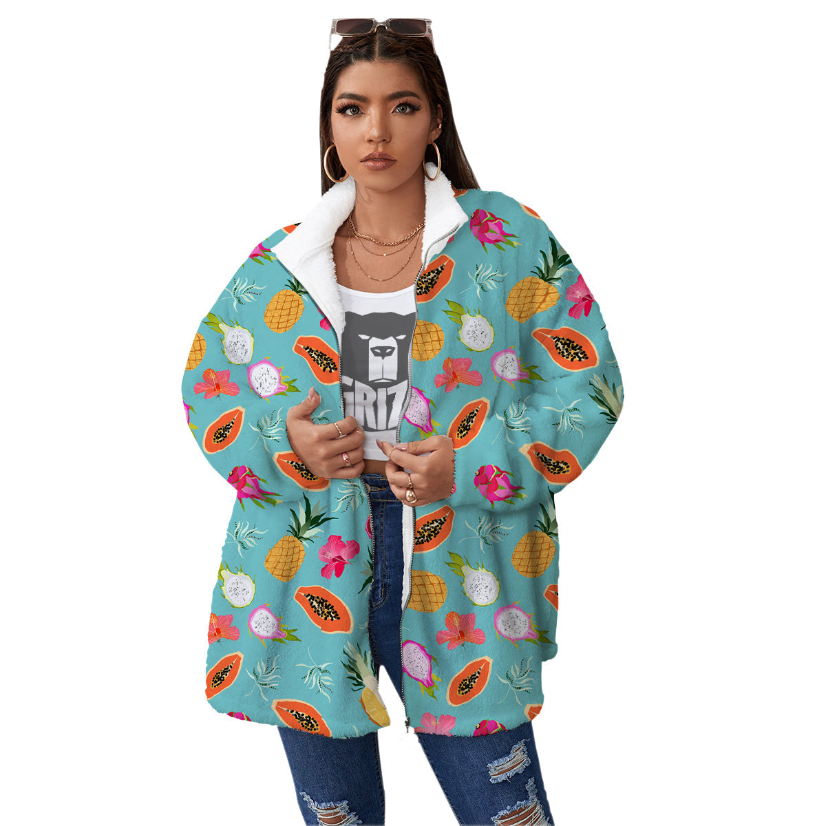 Fruits Turquoise Hawaiian Print Pattern Women's Sherpa Jacket