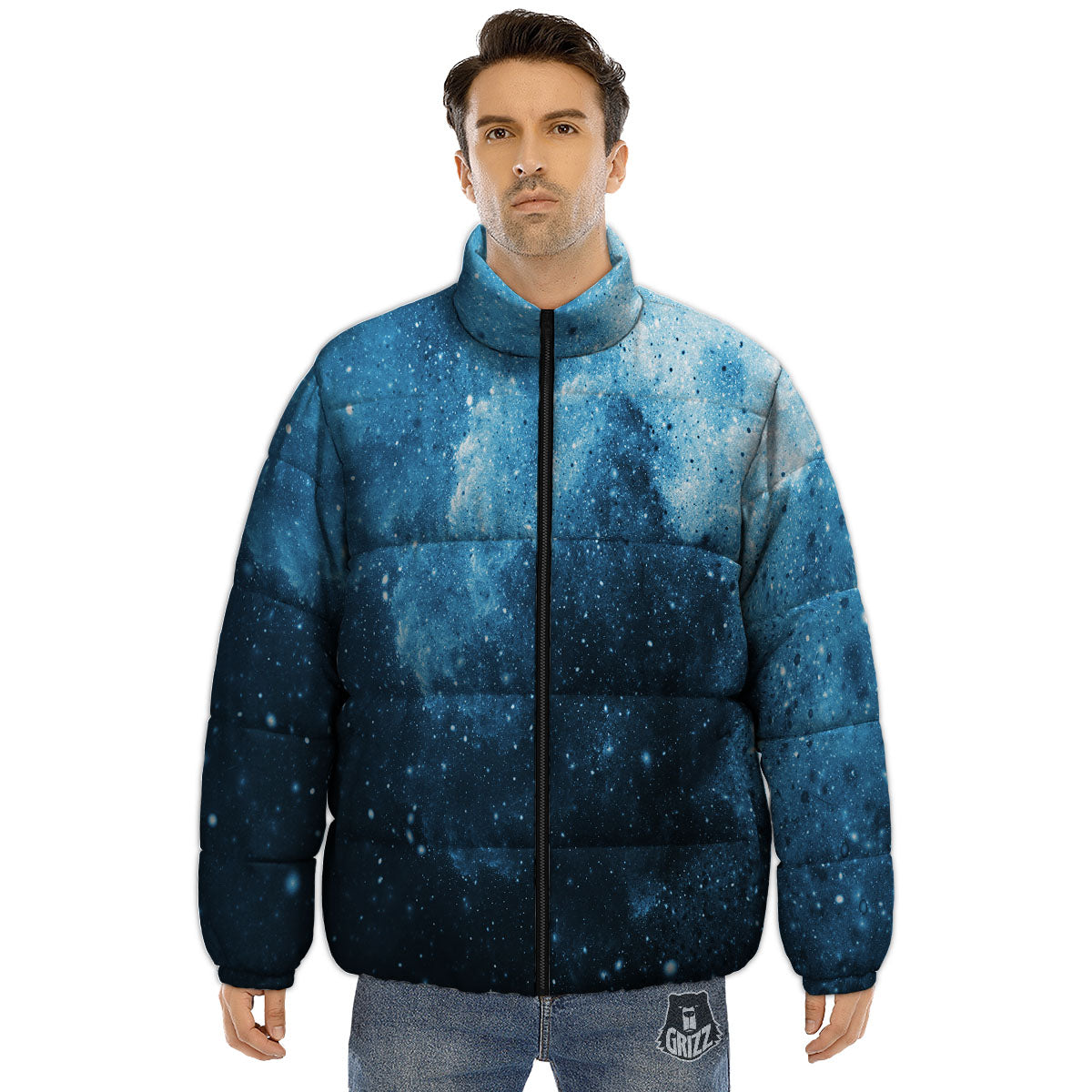 Galaxy Space White Cloud Print Puffer Jacket