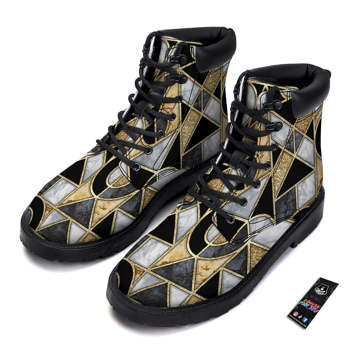 Geometric Black Gold Marble Print Boots