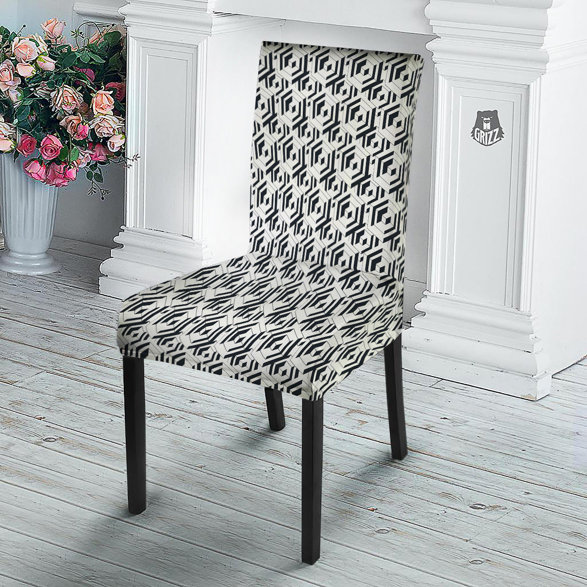 Geometric Simple Black And White Print Pattern Dining Chair Slipcover