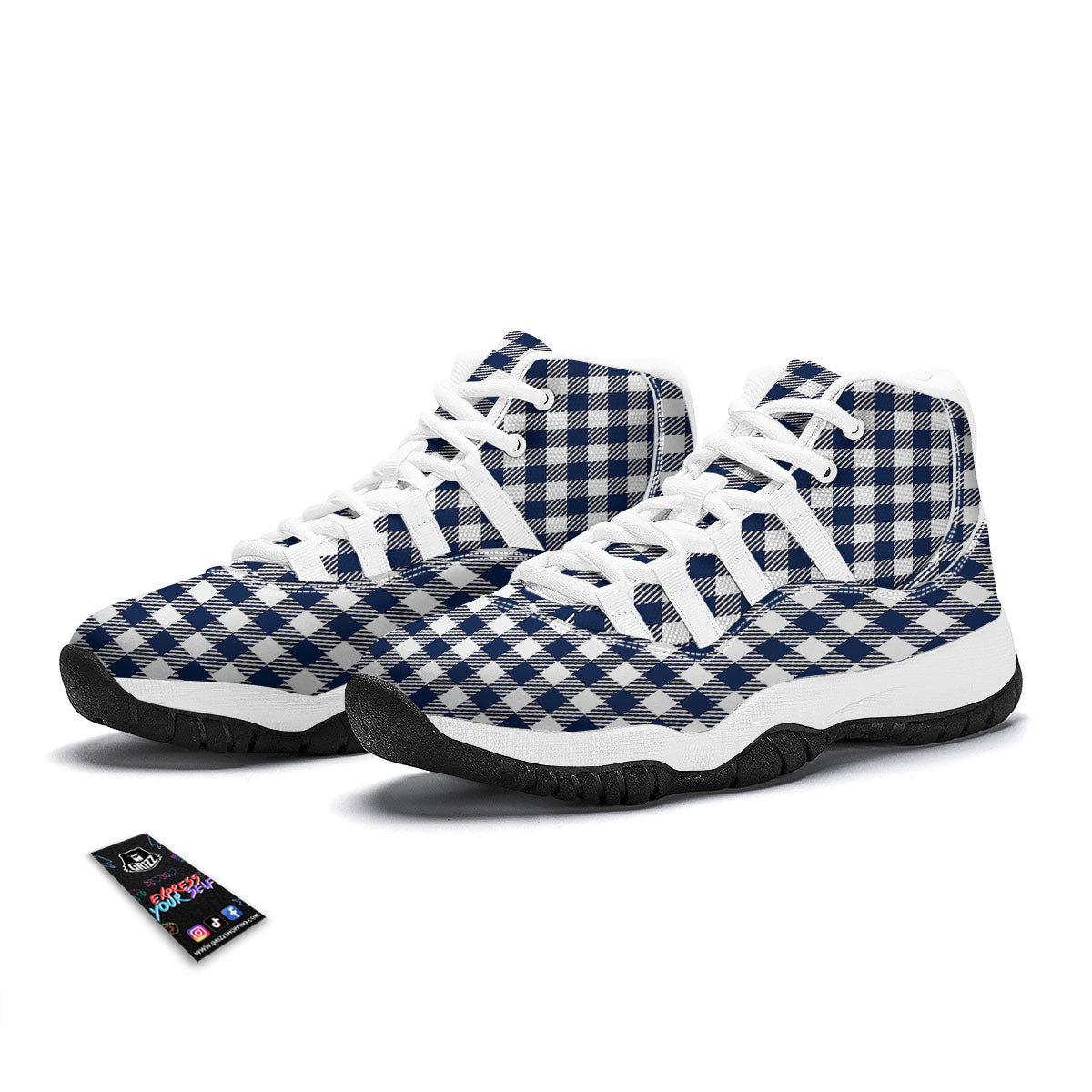 Gingham White And Navy Print Pattern White Bball Shoes