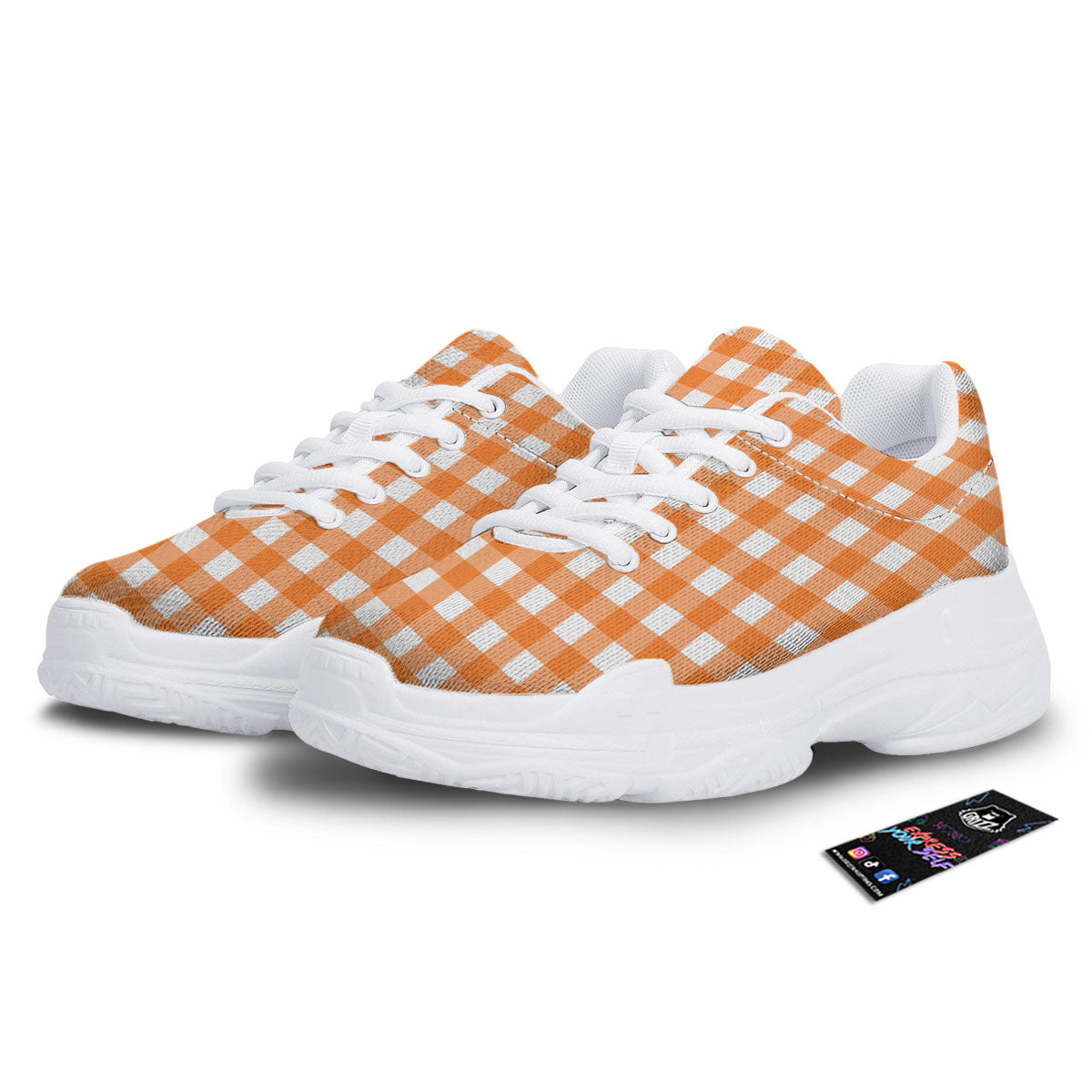 Gingham White And Orange Print Pattern White Chunky Shoes