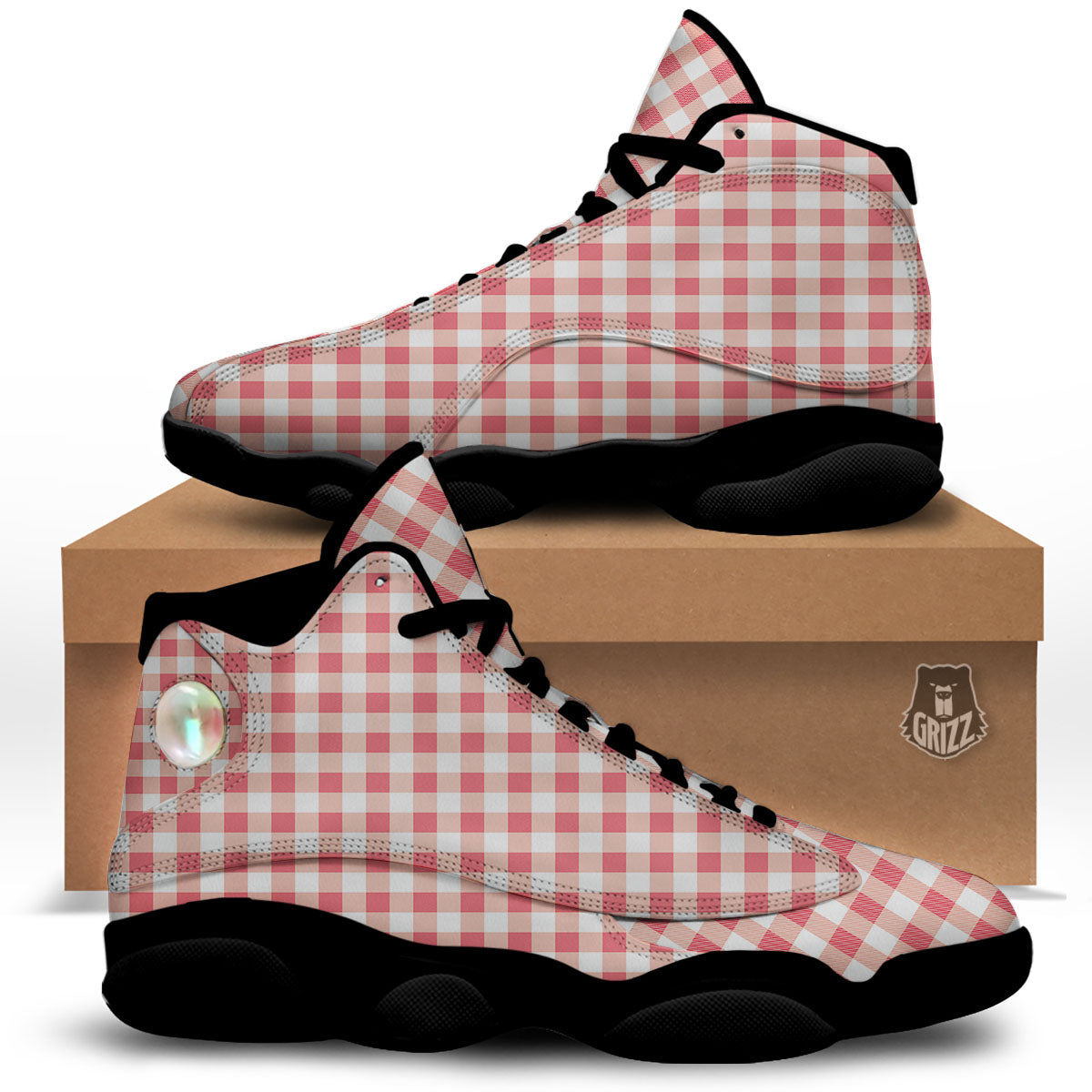 Gingham White And Pink Print Pattern Black Basketball Shoes