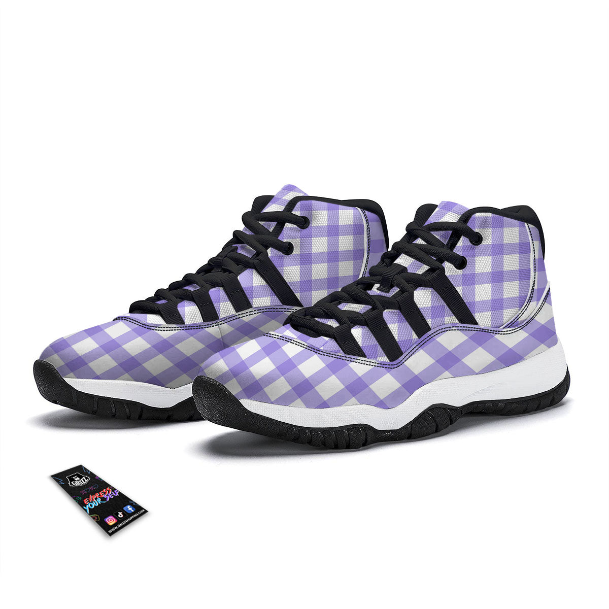 Gingham White And Purple Print Pattern Black Bball Shoes