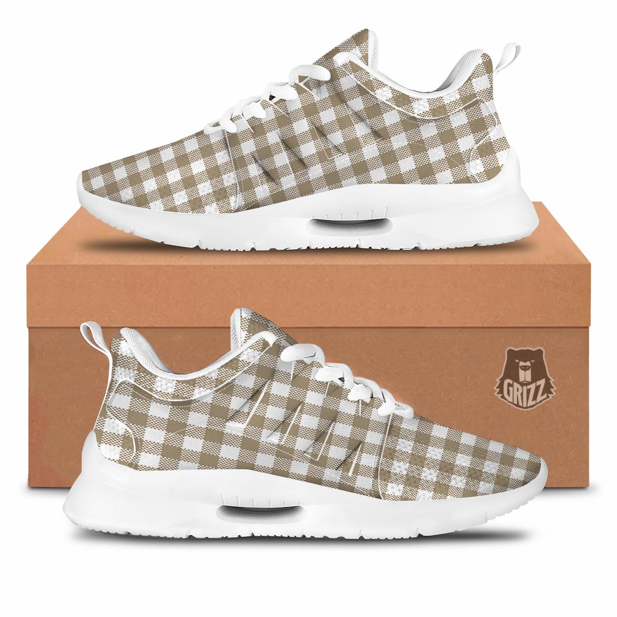 Gingham White And Tan Print Pattern Tennis Shoes