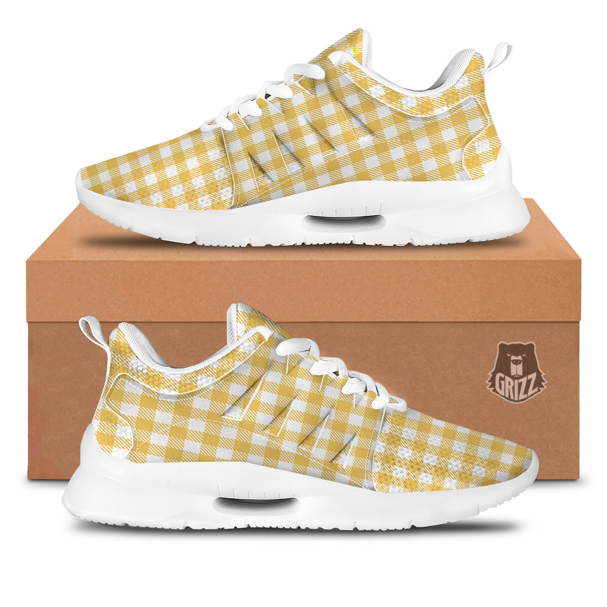 Gingham Yellow And White Print Pattern Tennis Shoes