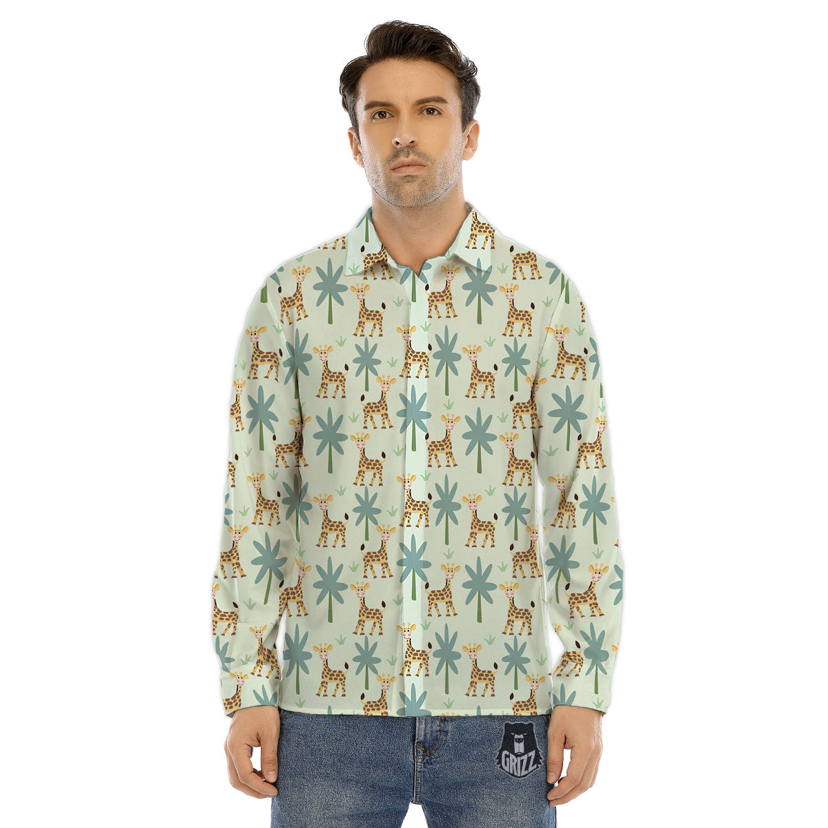 Giraffe Cartoon Print Pattern Men's Dress Shirts