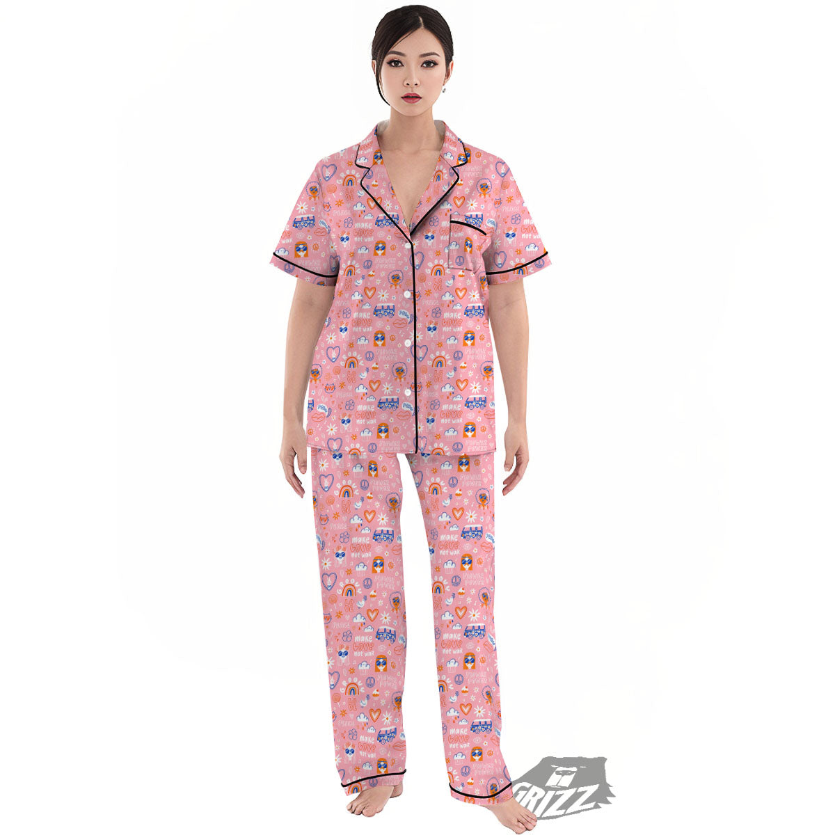 Girly Love And Peace Sign Print Pattern Women's Pajamas Set