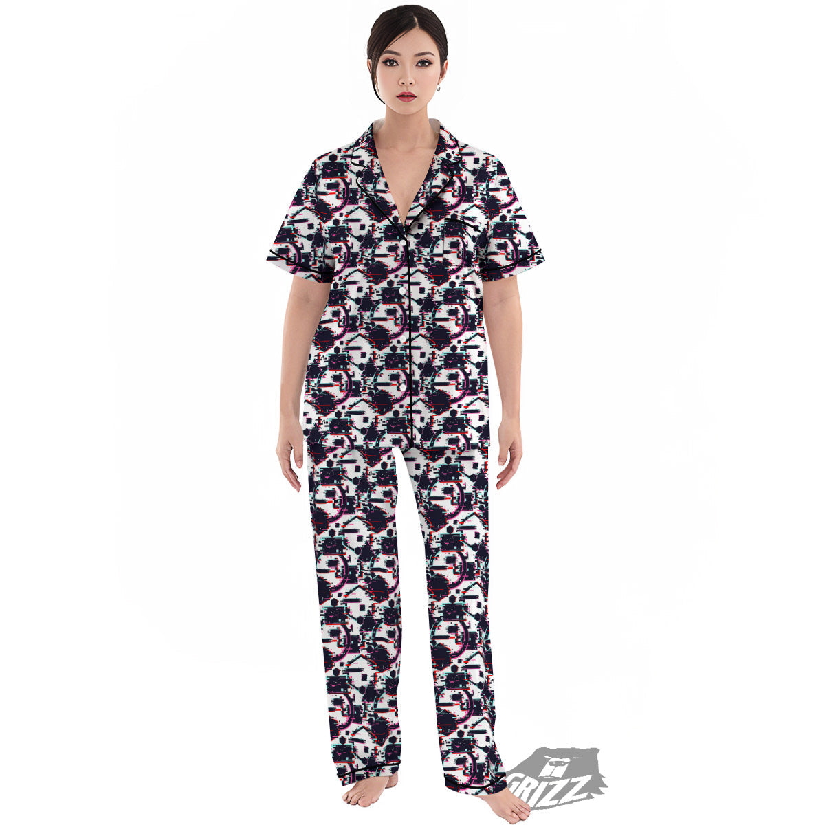 Glitch Effect Print Pattern Women's Pajamas Set