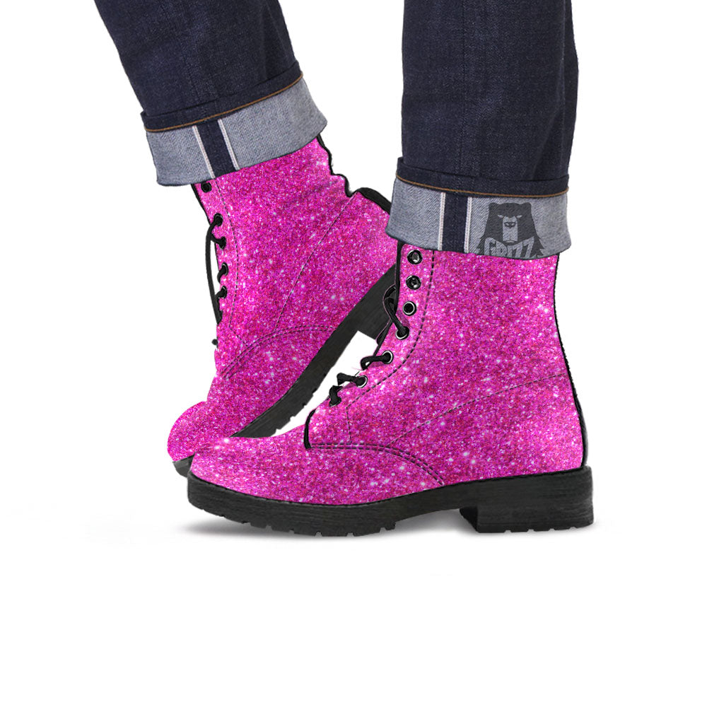 Glitter Artwork Magenta Pink Print Leather Boots