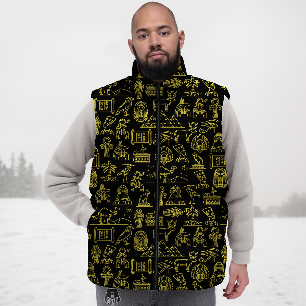 Glod Ancient Egyptian Print Pattern Down Vest