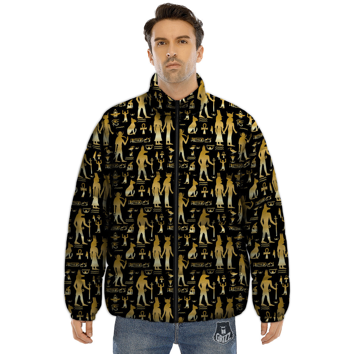 Gold And Black Egypt Ancient Mythology Print Pattern Puffer Jacket