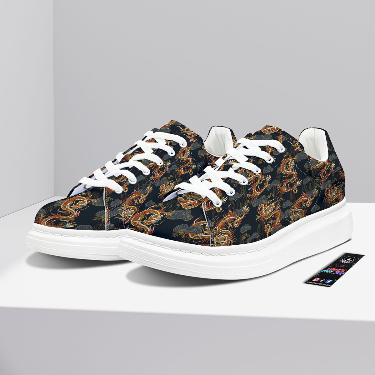 Gold Dragon Japanese Print Pattern Platform Shoes