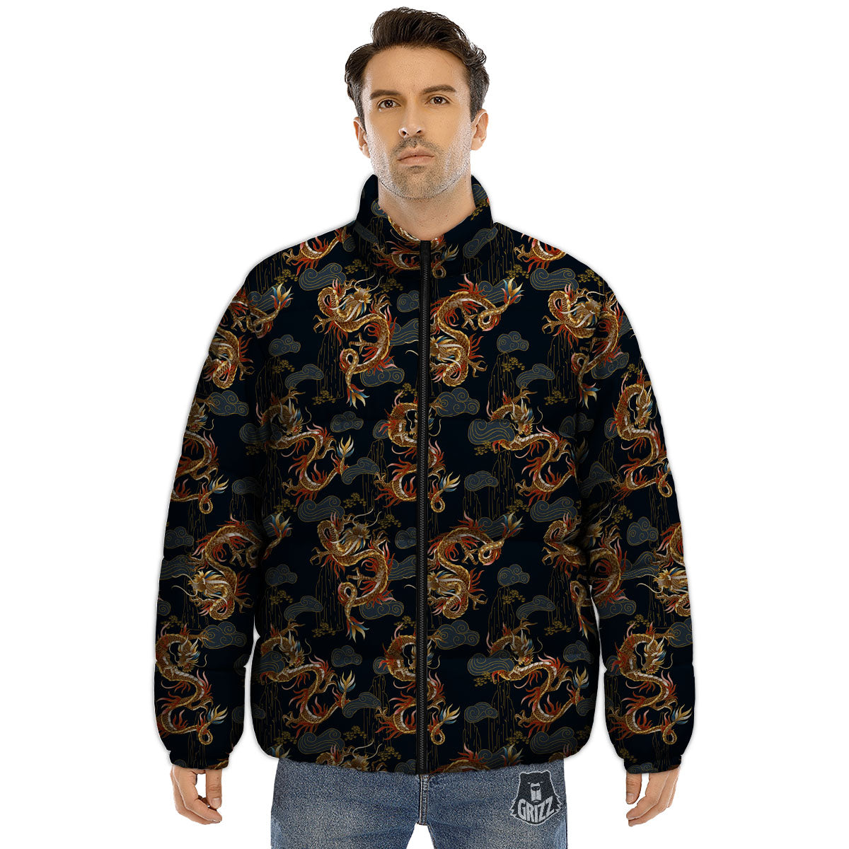 Gold Dragon Japanese Print Pattern Puffer Jacket