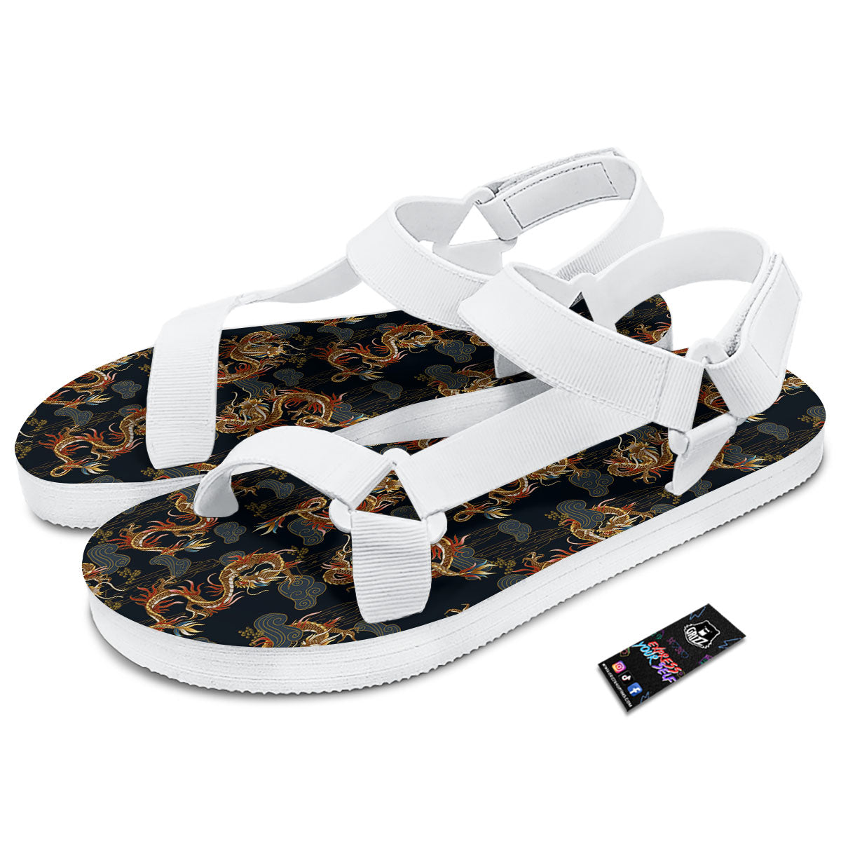 Gold Dragon Japanese Print Pattern White Open Toe Sandals