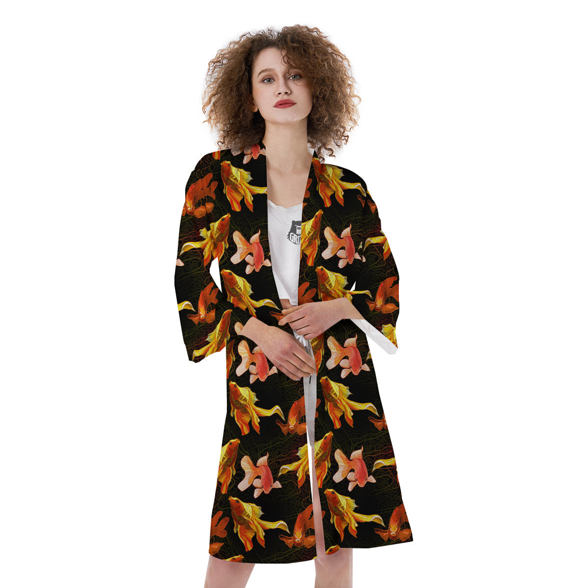 Gold Fish Drawing Print Pattern Kimono