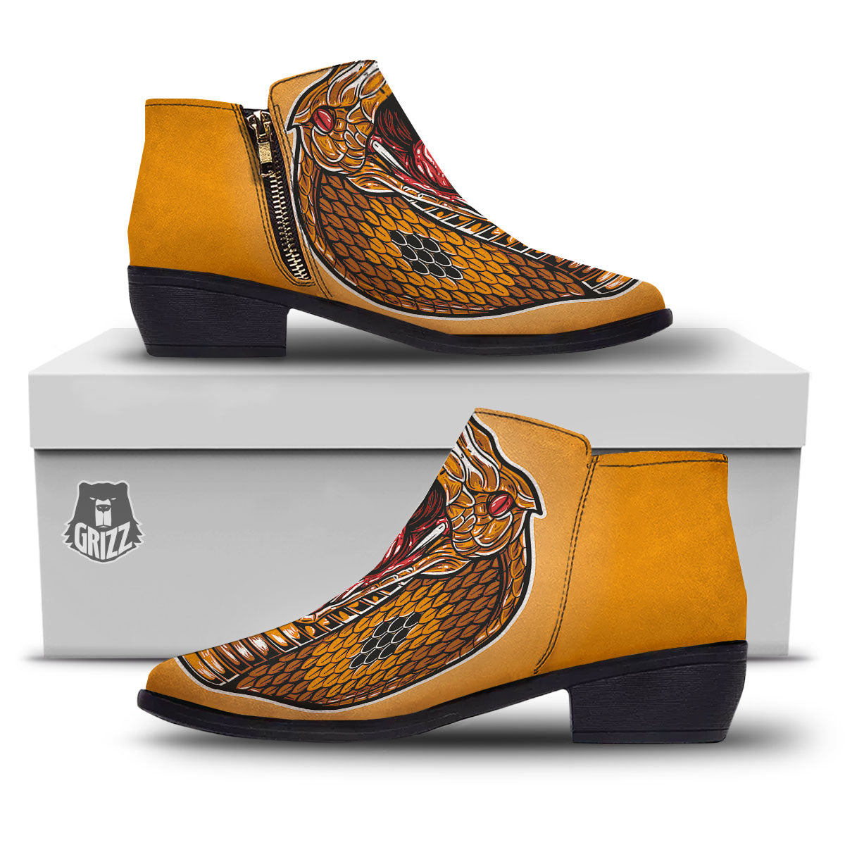 Gold King Cobra Snake Head Print Ankle Boots