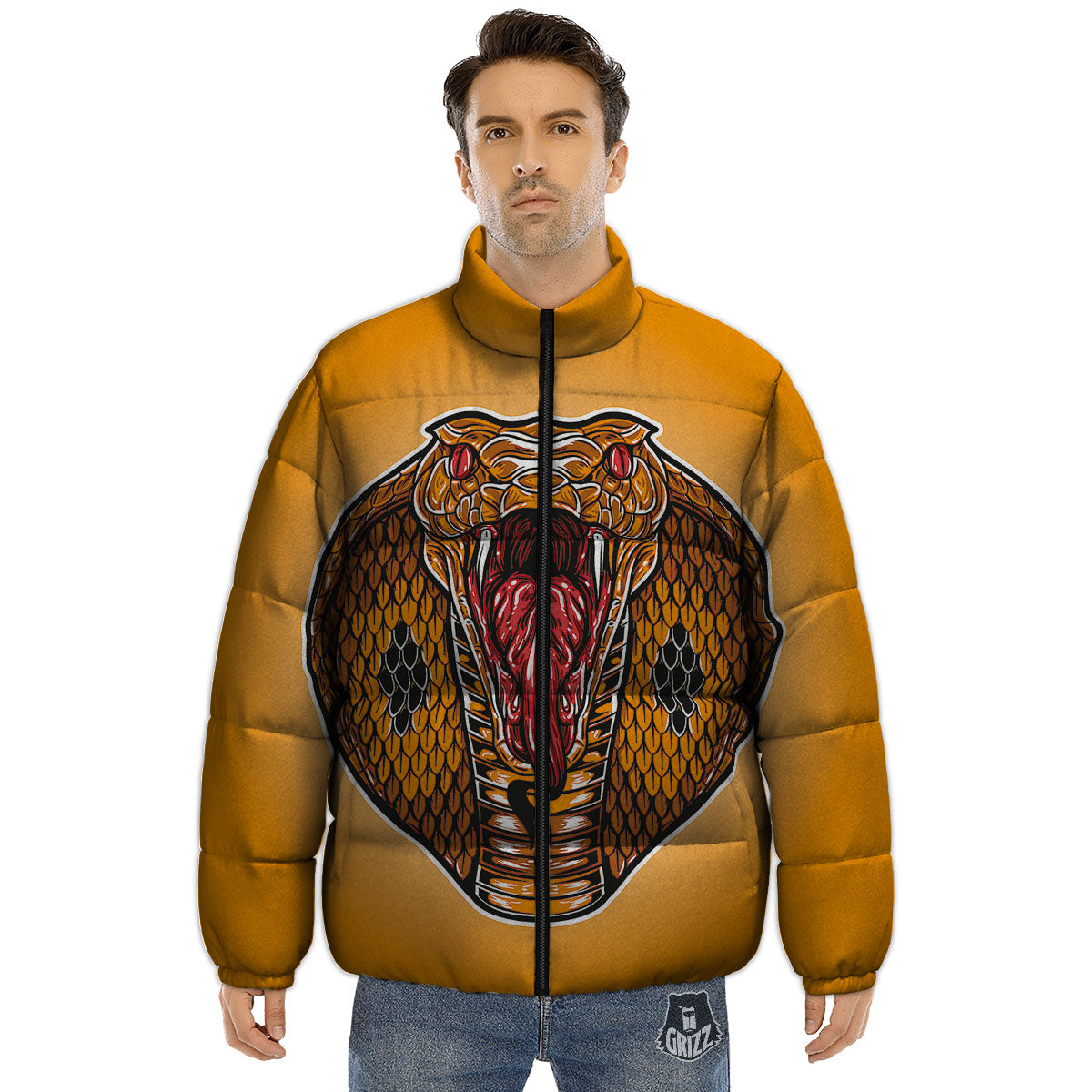 Gold King Cobra Snake Head Print Puffer Jacket