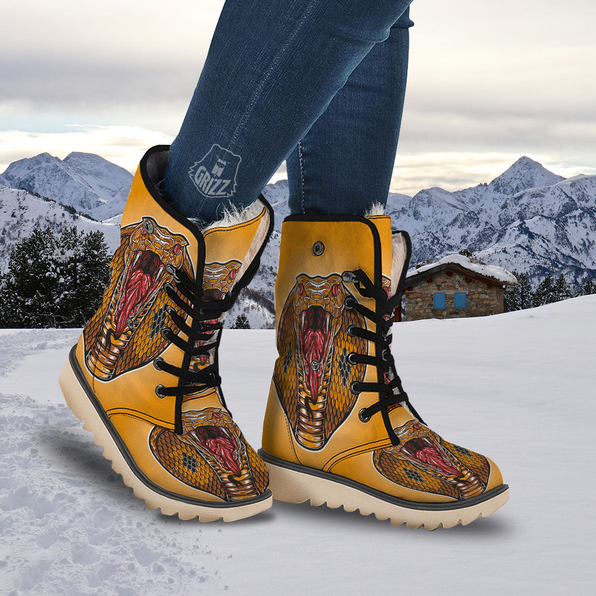 Gold King Cobra Snake Head Print Snow Boots