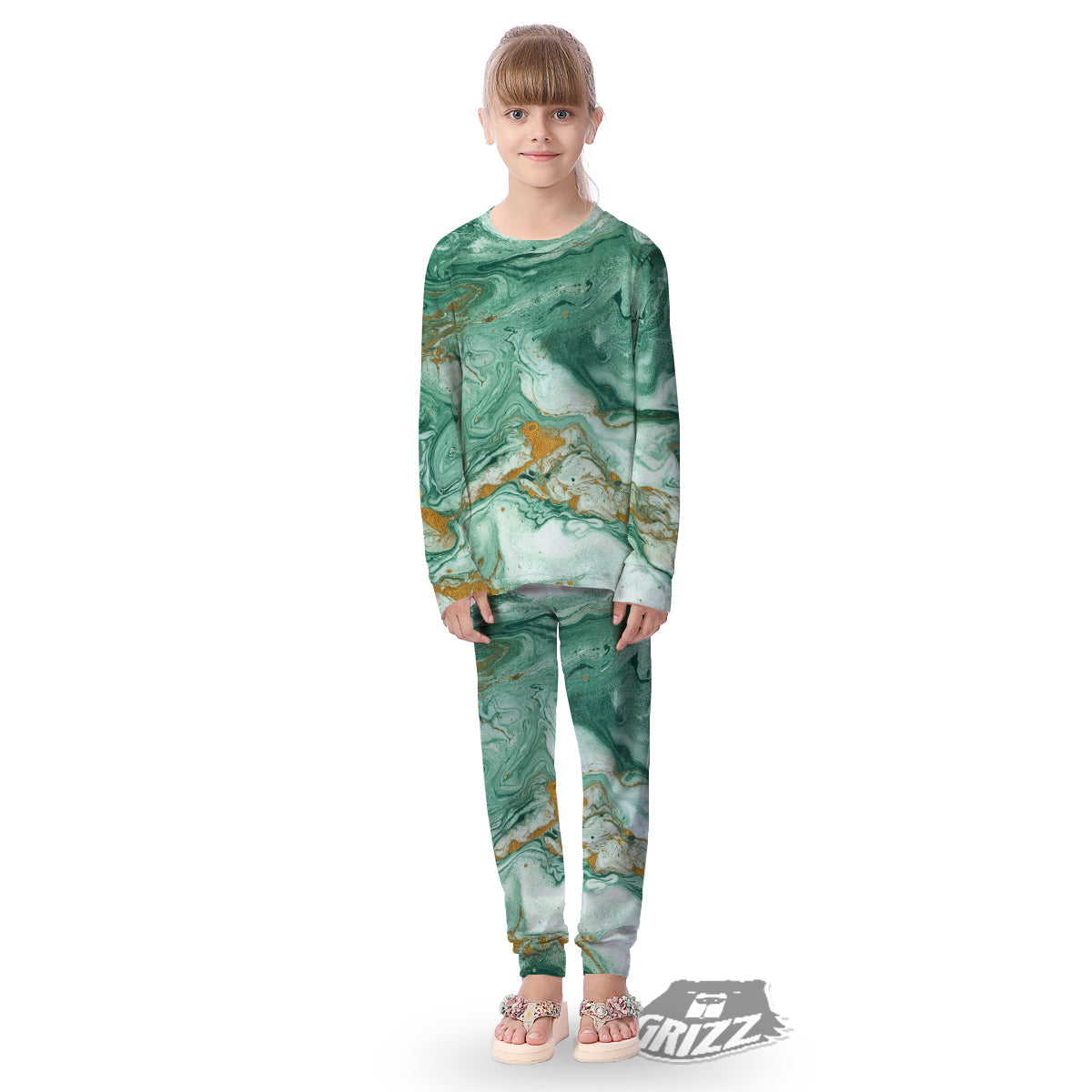 Golden And Green Marble Textue Print Kid's Pajamas
