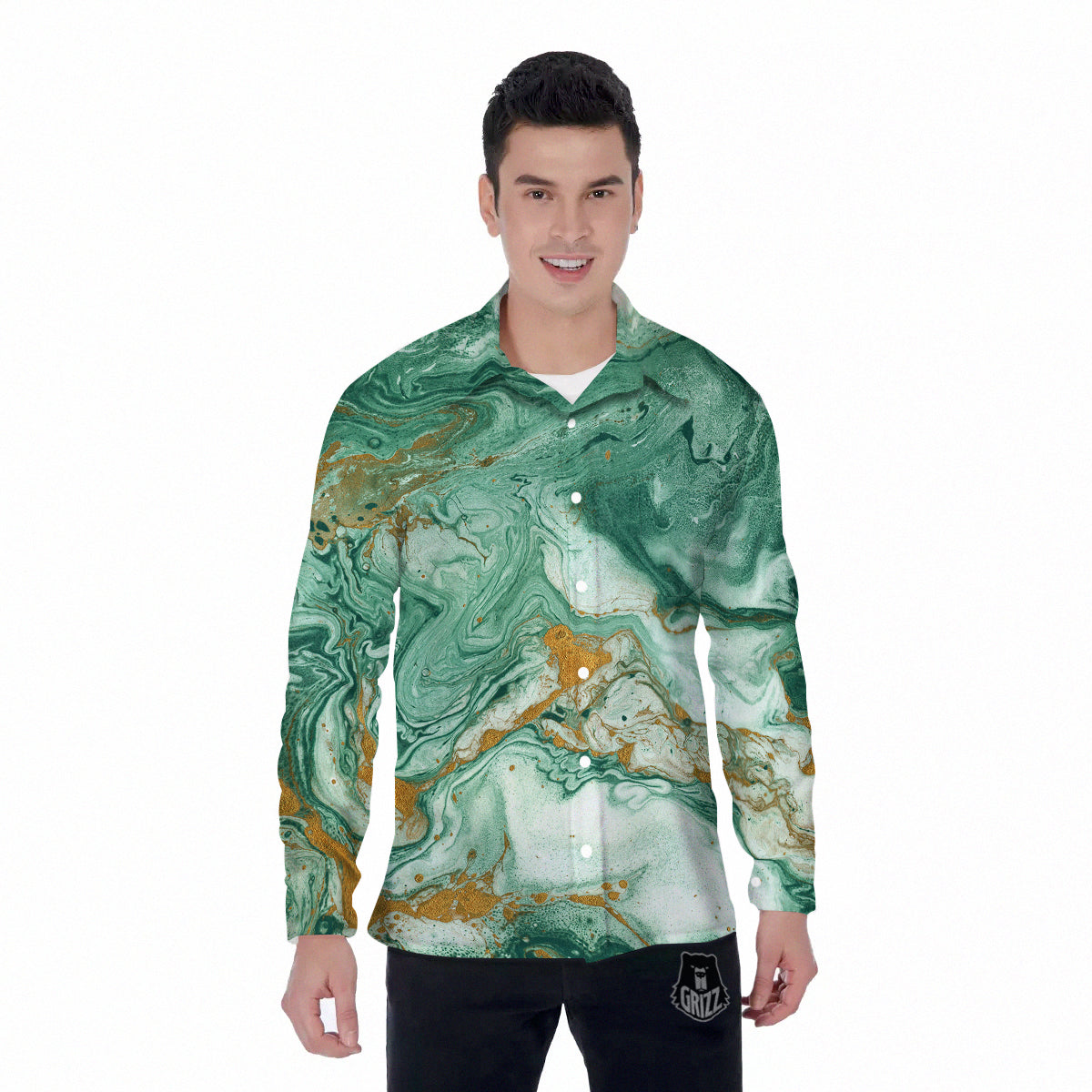 Golden And Green Marble Textue Print Men's Long Sleeve Shirts
