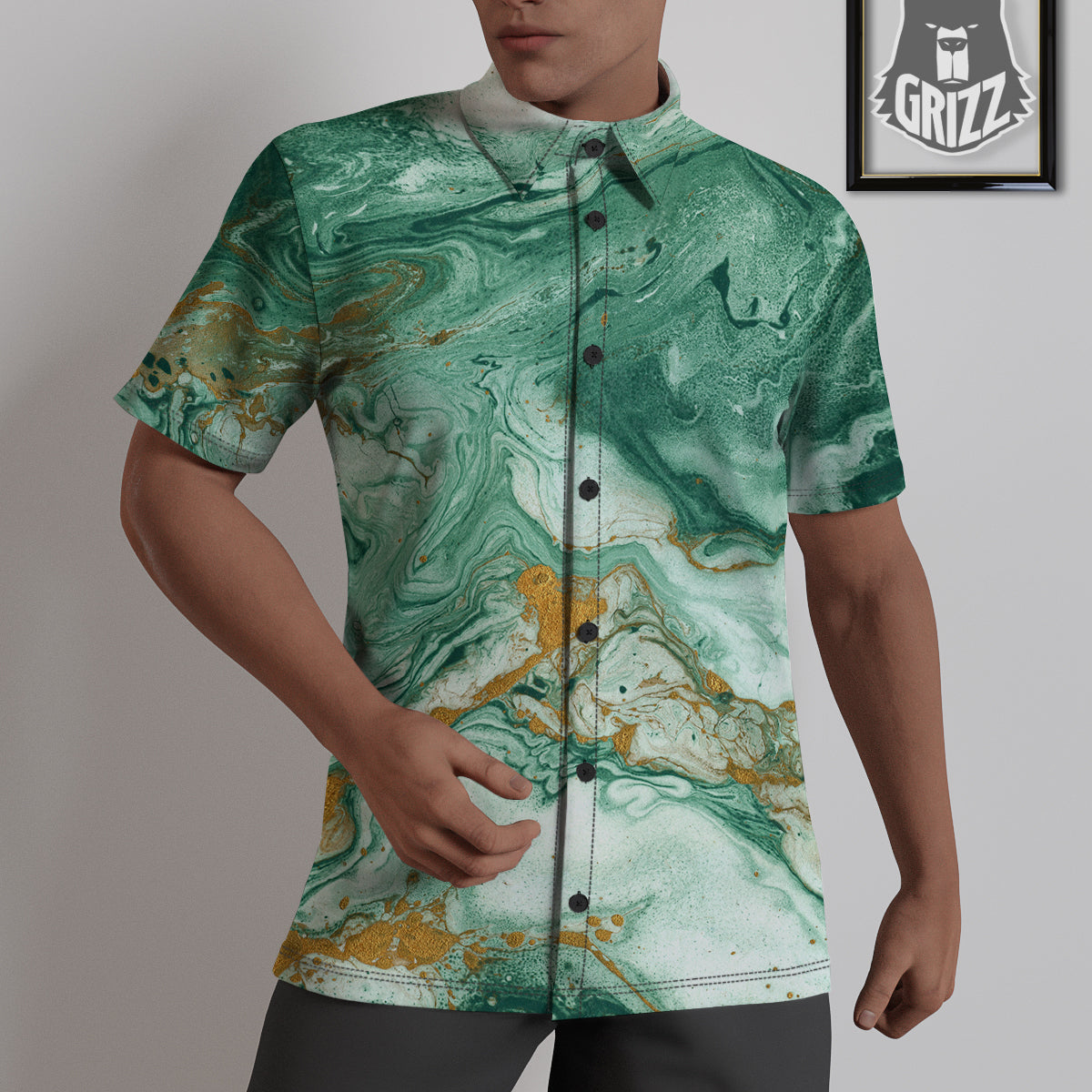 Golden And Green Marble Textue Print Untucked Shirts
