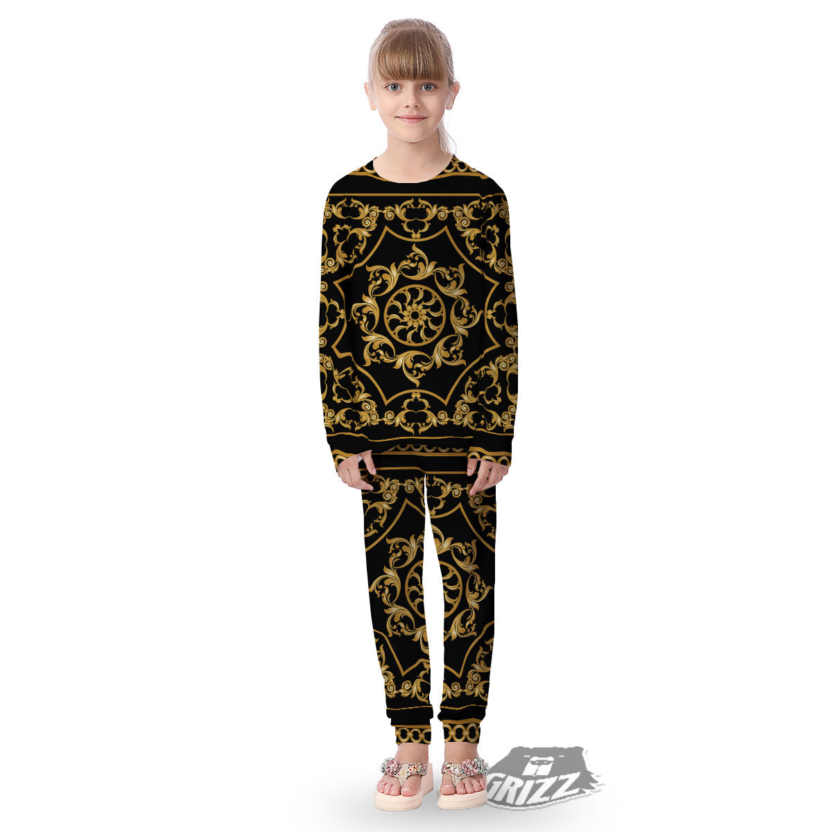 Golden Floral Baroque Print Kid's Pajamas