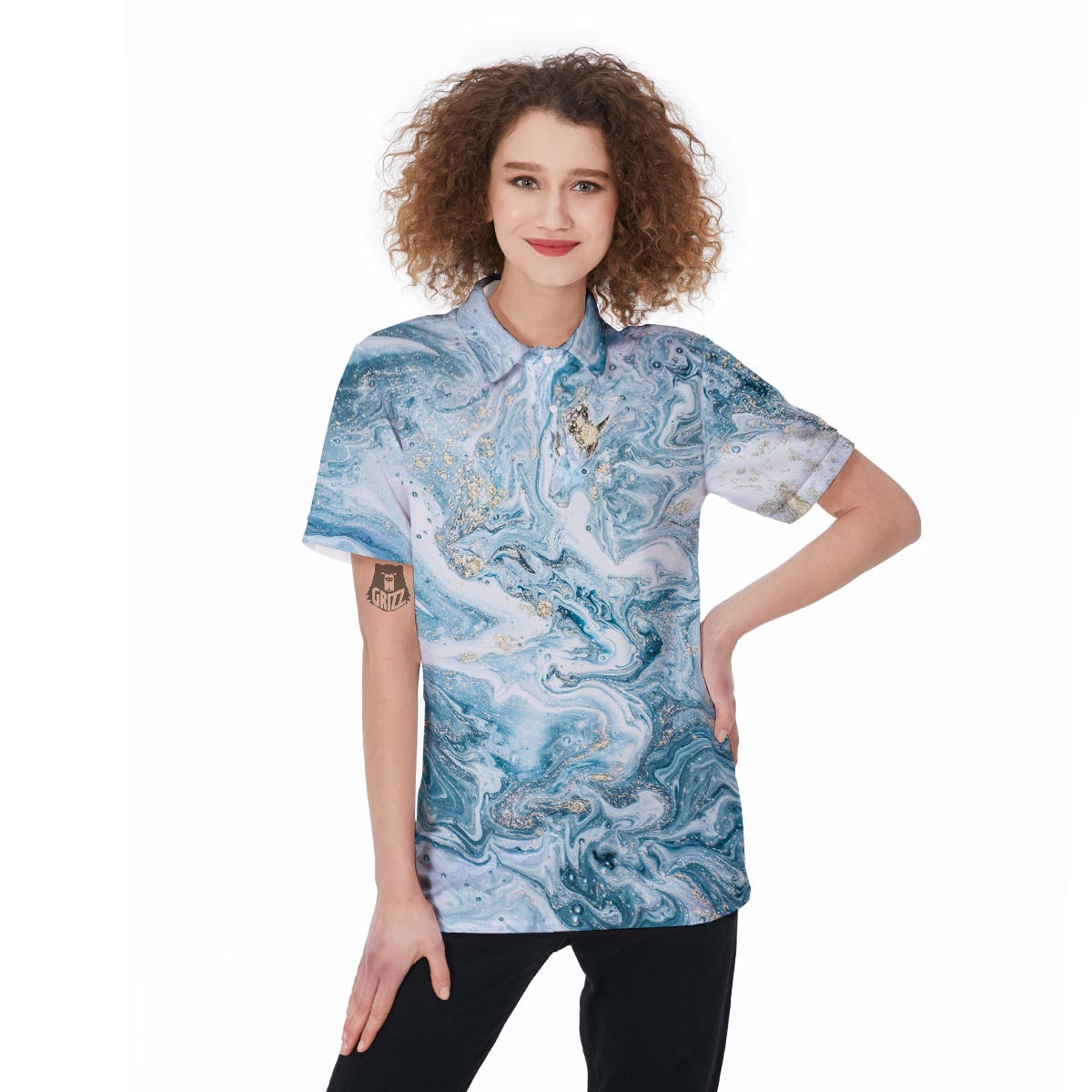Golden Powder Blue Marble Women's Golf Shirts