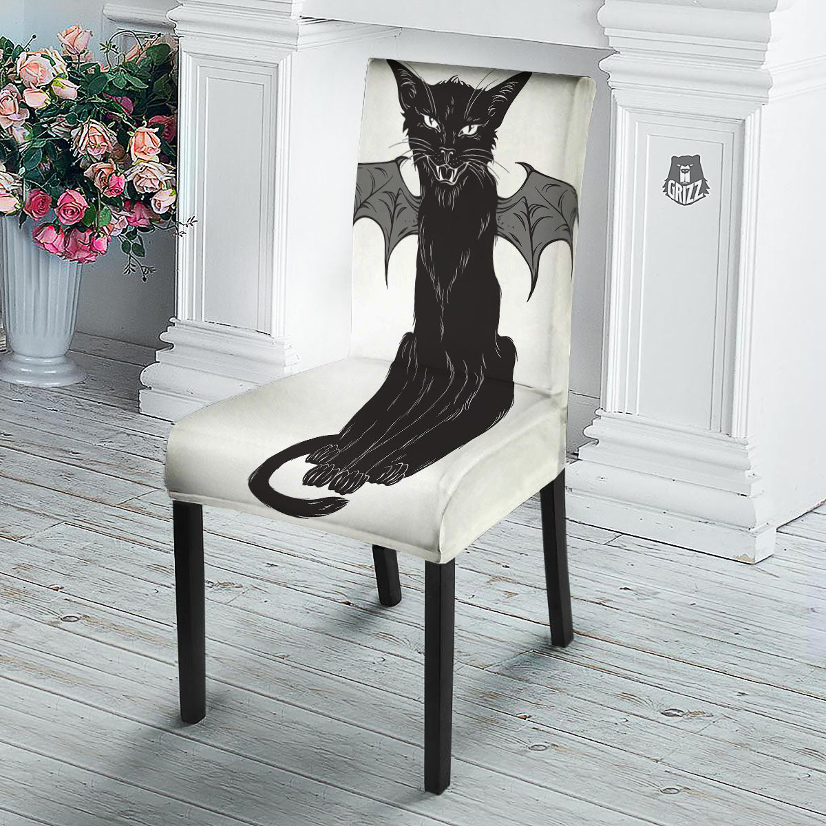 Gothic Wiccan Cat White And Black Print Dining Chair Slipcover