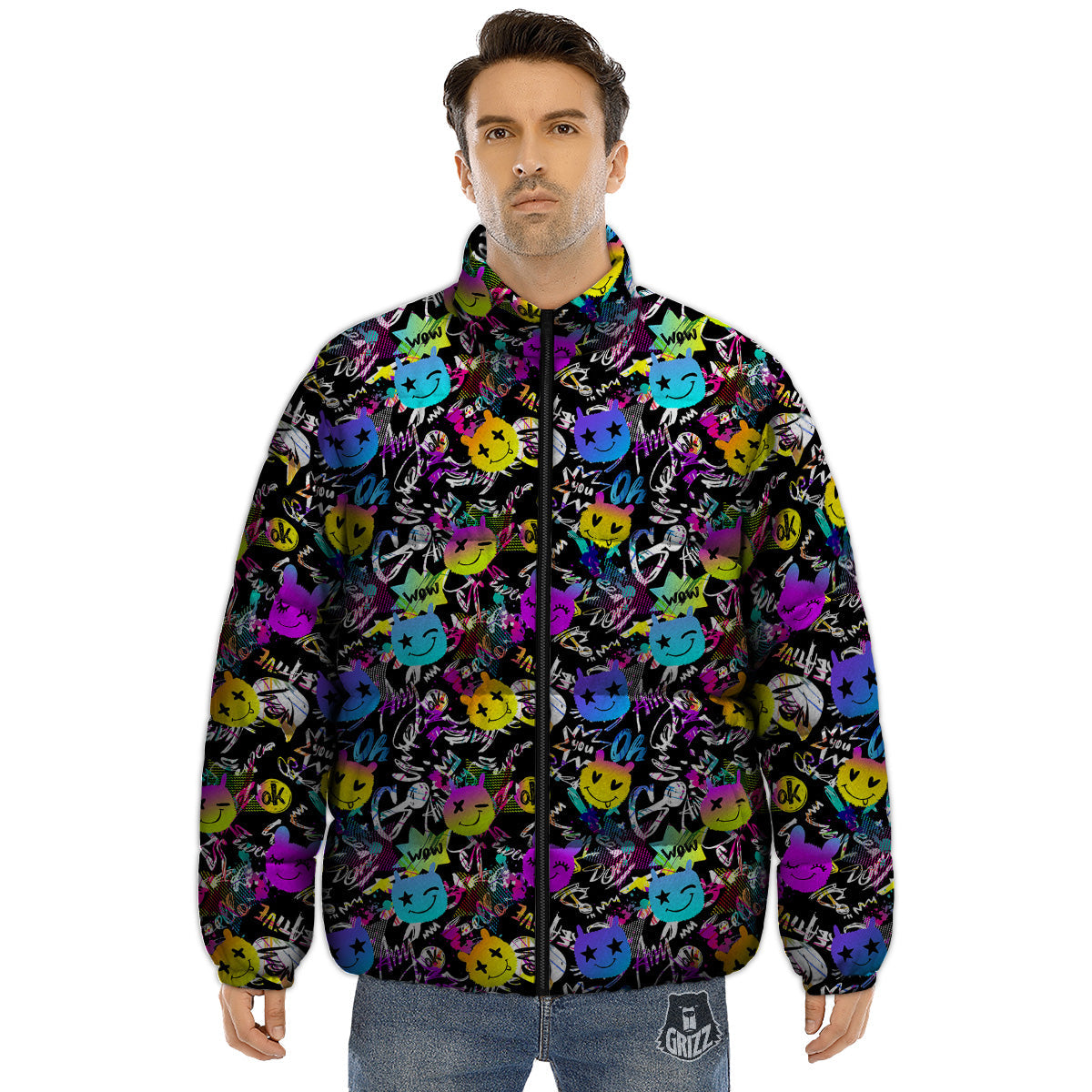 Graffiti Colorful Emoji Faces Print Pattern Puffer Jacket